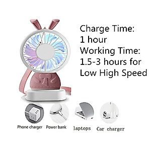 Alibuy Mini Handheld Table Fan USB Rechargeable Quiet Desk Fans,Battery Operated 2 Speeds with LED Colorful Lights for Hot Summer (Pink)