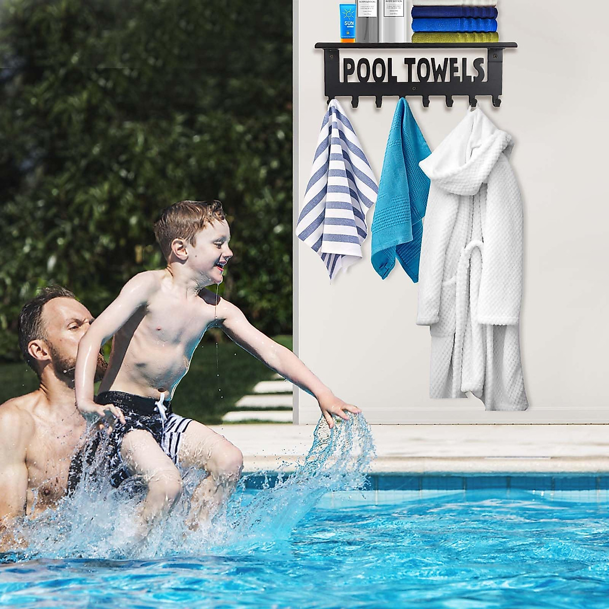 Kuhome Pool Towel Racks with Shelf Outdoor Pool Decor Wall Mount Towel Hooks Towel Holder with 8 Hooks Black Towel Storage Hanger Organizer for Bathroom Pool Accessories