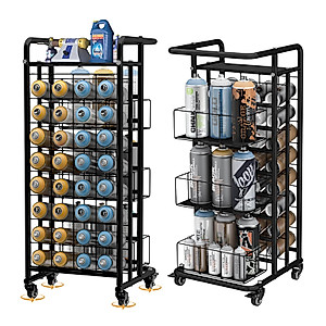 Nisorpa Spray Paint Can Holder 32 Slots Aerosol Can Storage Rack 8-Tier Metal Lube Can Holder Movable Spray Can Organizer Cart with 3 Baskets for Garage Craft Workroom Shop-1pc,Black