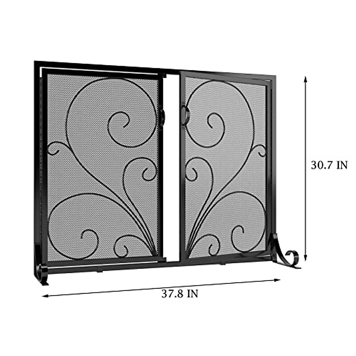 Calidola Flat Fireplace Screen with Doors,Solid Wrought Iron Frame with Metal Mesh, Flat Panel Decorative Fireplace Screen with Scroll Design, Free Standing Spark Guard