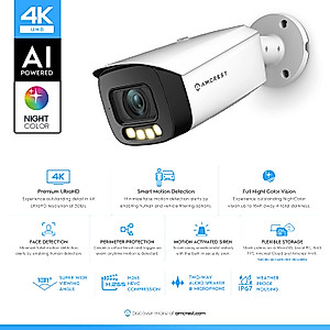 Amcrest 4K AI Bullet IP PoE Camera, 4K@30fps, 164ft Night Color Vision, Security IP Camera Outdoor, Face Detection, Human & Vehicle Detection, Built-in Siren Alarm, Built in Mic IP8M-TB2886EW-AI