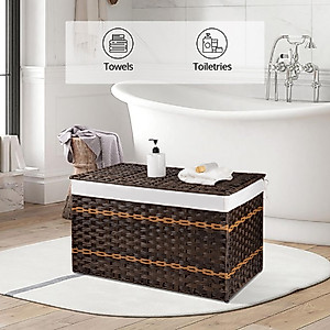 OIAHOMY Extra Large Storage Basket with Lid, 42.3 Gallon (160L) Blanket Basket with Removable Liner Bag, Wicker Basket with Handle, Foldable, Handwoven Basket for Bedroom, Living Room, Brown