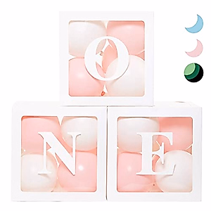 First Birthday Balloon 'ONE' Boxes for Baby Girl WITH 24 Balloons - Baby 1st Birthday Girl Decoration Clear Cube Blocks 'ONE' Letters as Cake Smash Photoshoot Props First Birthday Decorations Backdrop