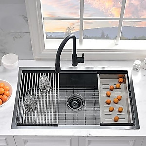 33 Inch Black Undermount Workstation Sink- Wesliv 33 x19x 9 Inch Undermount Workstation Sink Handmade 16 Gauge Single Bowl Kitchen Sink Deep Undermount Kitchen Sink Basin with Accessories