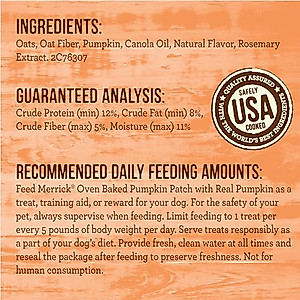 Merrick Oven Baked Dog Treats, Natural and Crunchy Bag of Treats, Pumpkin Patch with Real Pumpkin Snack - 11 oz. Bag