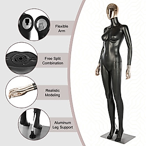 Female Mannequin Full Body Black- 70'' Mannequin Dress Form Display Full Body Adjustable Realistic Manikin Torso Stand (Black+Golden)