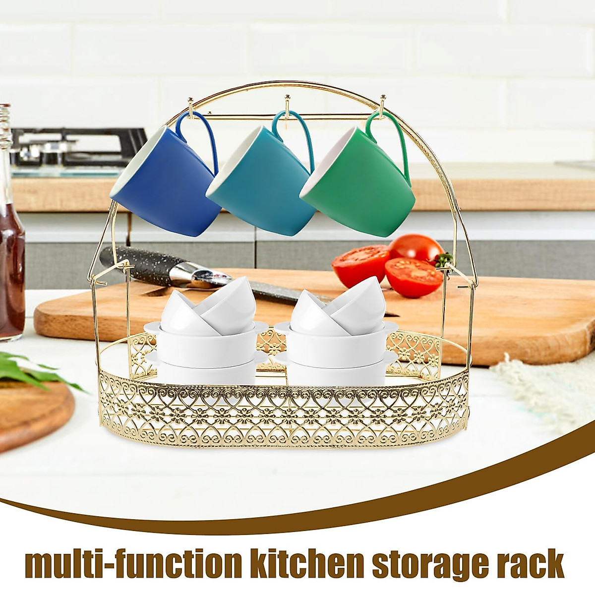 Abaodam Coffee Mug Holder Coffee Cup Rack Tea Cup Holder Dishes Organizer Stainless Steel Wire Rack Display Stand with 6 Hooks for Kitchen Counter Tea Party