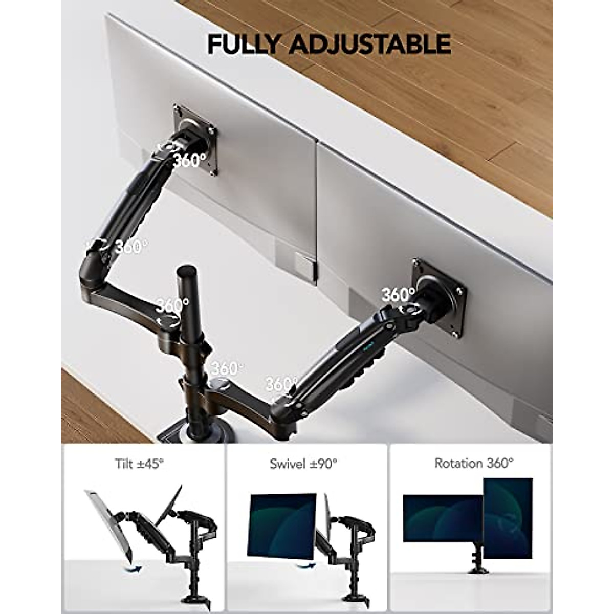 HUANUO 13-32 Inch Dual Monitor Stand, Gas Spring Dual Monitor Mount, Monitor Stand 2 Monitors, Ergonomic Adjustable Tilt/Swivel/Rotate, Weight Max 20 lbs, VESA 75/100mm