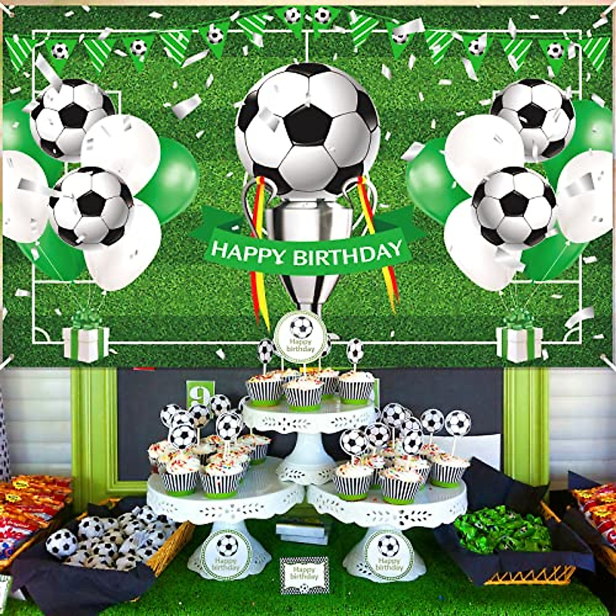 Soccer Happy Birthday Banner,Large Soccer Birthday Party Supplies Decorations Banner Backdrop Printed with Soccer Balloons for Boys Kids Teens Sport Themed Birthday Party Supplies Photo Background