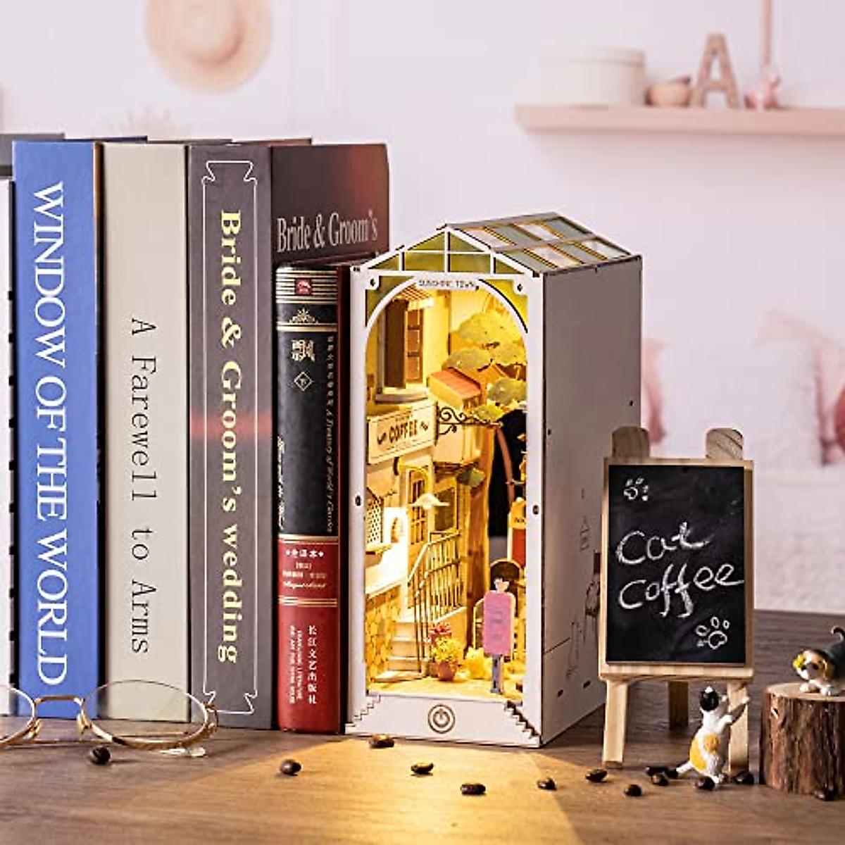 Rolife DIY Book Nook Kit Wooden Decorative Bookends for Home Decor (Sakura Densya+Sunshine Town)