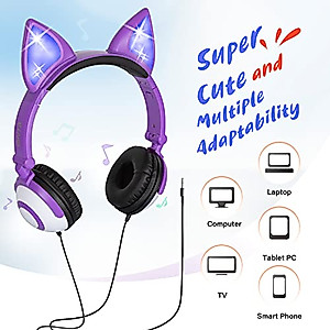 ONTA Kids Headphones with Cute LED Glowing Cat Ears,Foldable, Noise-Canceling and Adjustable Toddlers Headphones for Boys and Girls (Purple)