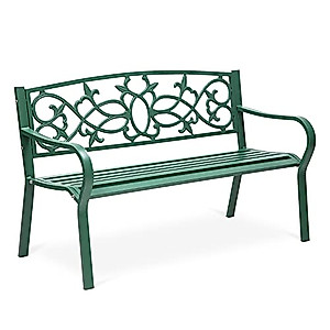 Outogether Steel Bench Metal Bench for Outdoor, Garden Bench for Patio Porch Backyard, Floral Design Backrest Slatted Seat (Green)