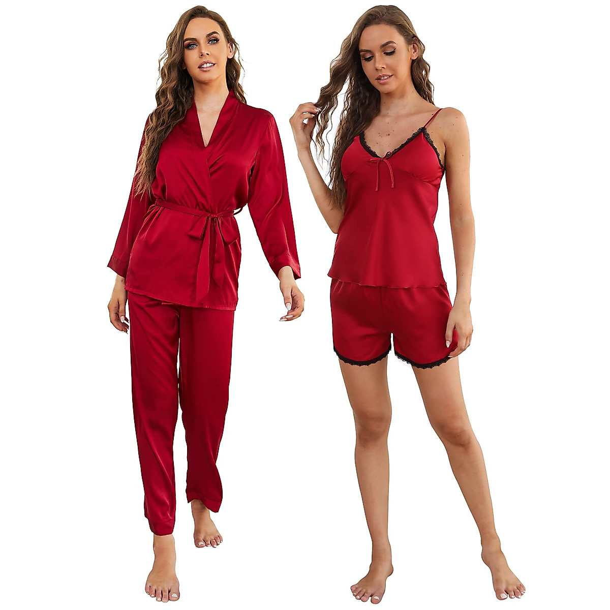 Arwser Women's Silk Satin Pajamas Set 4 Pcs Sleepwear Cami Top Pjs with Shorts and Robe Red