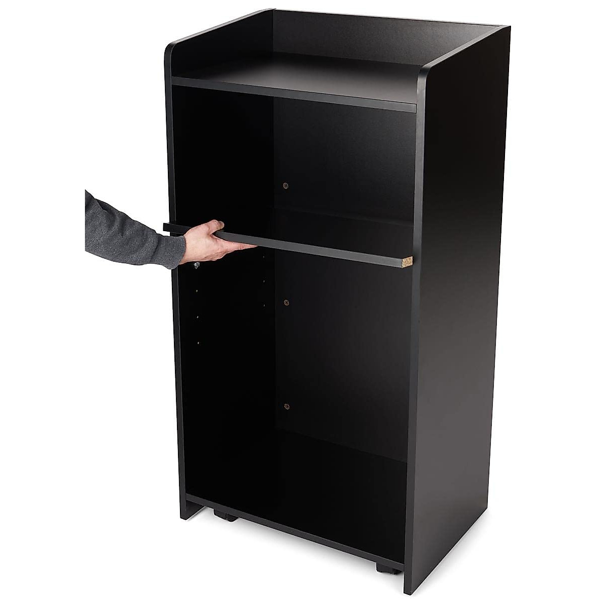 Displays2go Hostess Station, Hidden Wheels, Adjustable Shelf, Black (LCKDPHSBK)