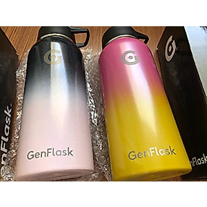 GenFlask 32oz insulated vacuum Stainless Steel ombre water bottle - Wide mouth straw lid leakproof tumbler (Black-Baby-Pink)