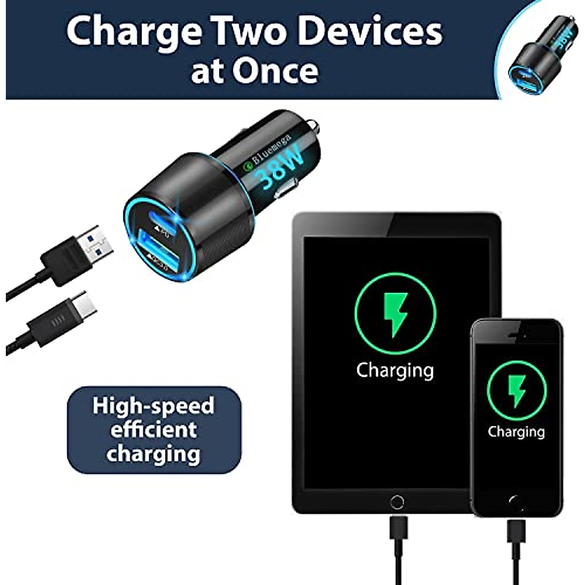 Fast Car Charger, USB C Car Charger 38W Car Charger Adapter PD3.0&QC3.0 with 2Pack Lightning Cable Quick Car Charging Compatible with iPhone 14 Pro Max/14 Plus/13 Pro Max/12