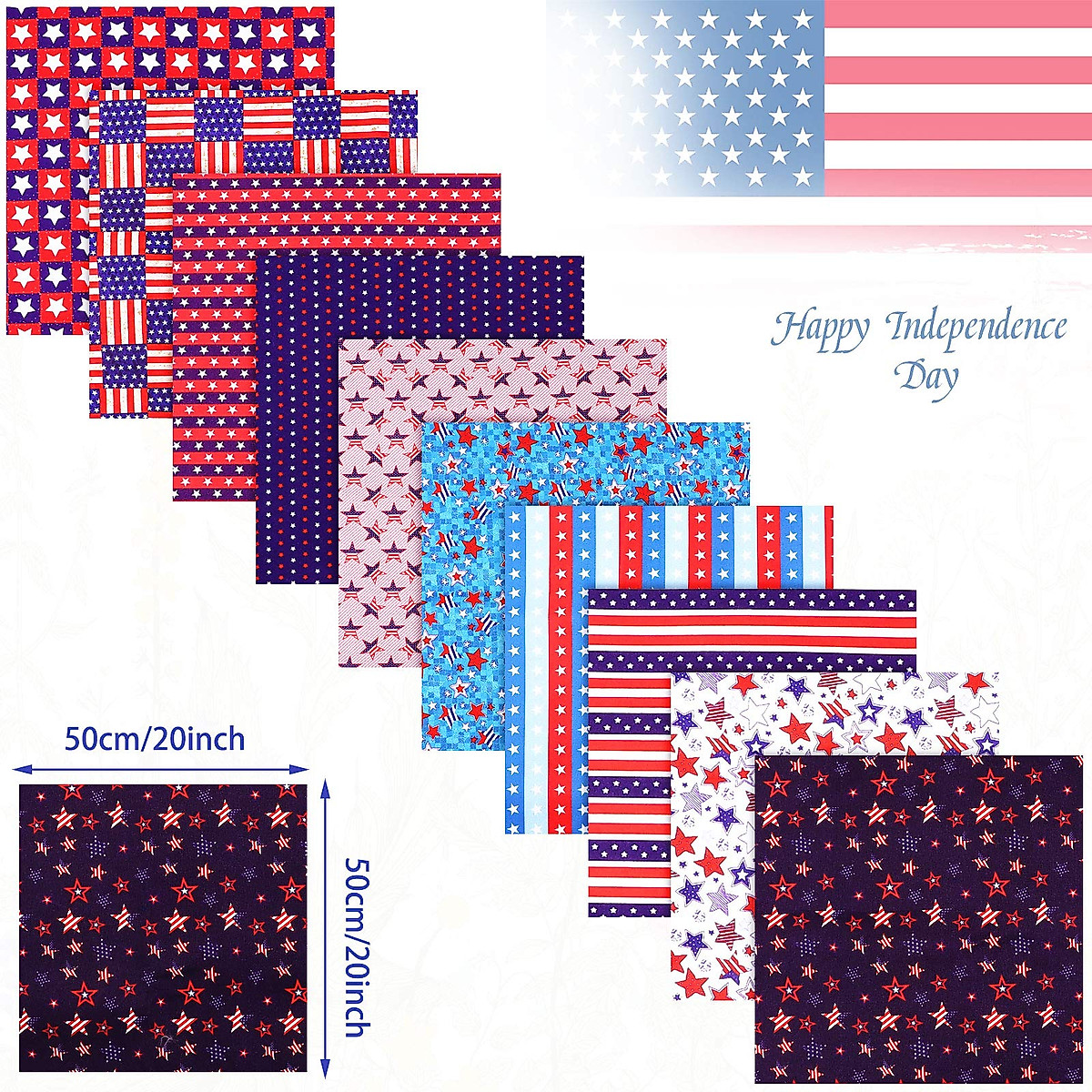 Tatuo 10 Pcs 20 x 20 in Patriotic Fabric Bundle 4th of July Quilting Fabric Memorial Day Fabric Squares Independence Day Print Fabric American Flag Pattern Polyester Cotton Fabric DIY Craft Patchwork
