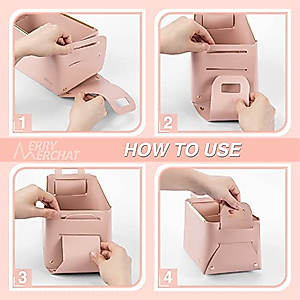 Foldable Storage Bins for Table and Desktop, Fancy Indoor Decorative Leatheroid Storage Basket Tray Collapsible Ideal for Keys Remote Cellphone Notes DVD, Pink