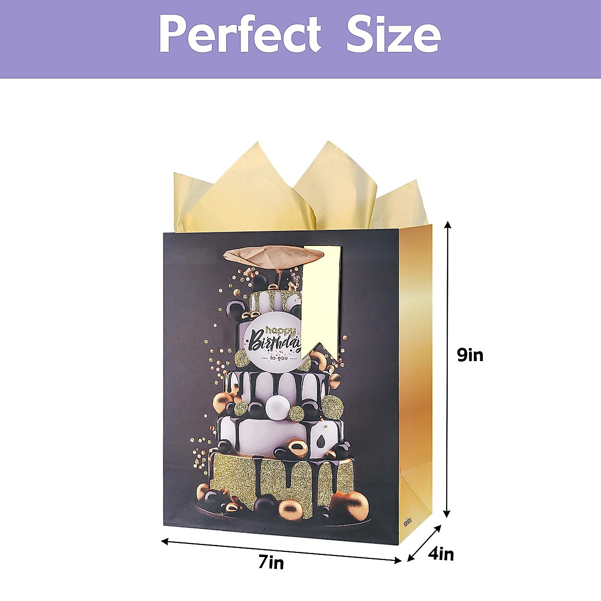 lilymelon 4 Pack 9" Happy Birthday Gift Bags For Birthday Party With Tissue Paper (Black/Gold)