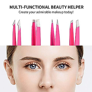Eyebrow Tweezers Set Best Precision Tweezers 4-Piece Professional Stainless Steel Tweezer For Facial Hair Removal & Ingrown Hairs, Splinter & Blackhead Acne Remover Daily Beauty Tool - EMEOW (Red)