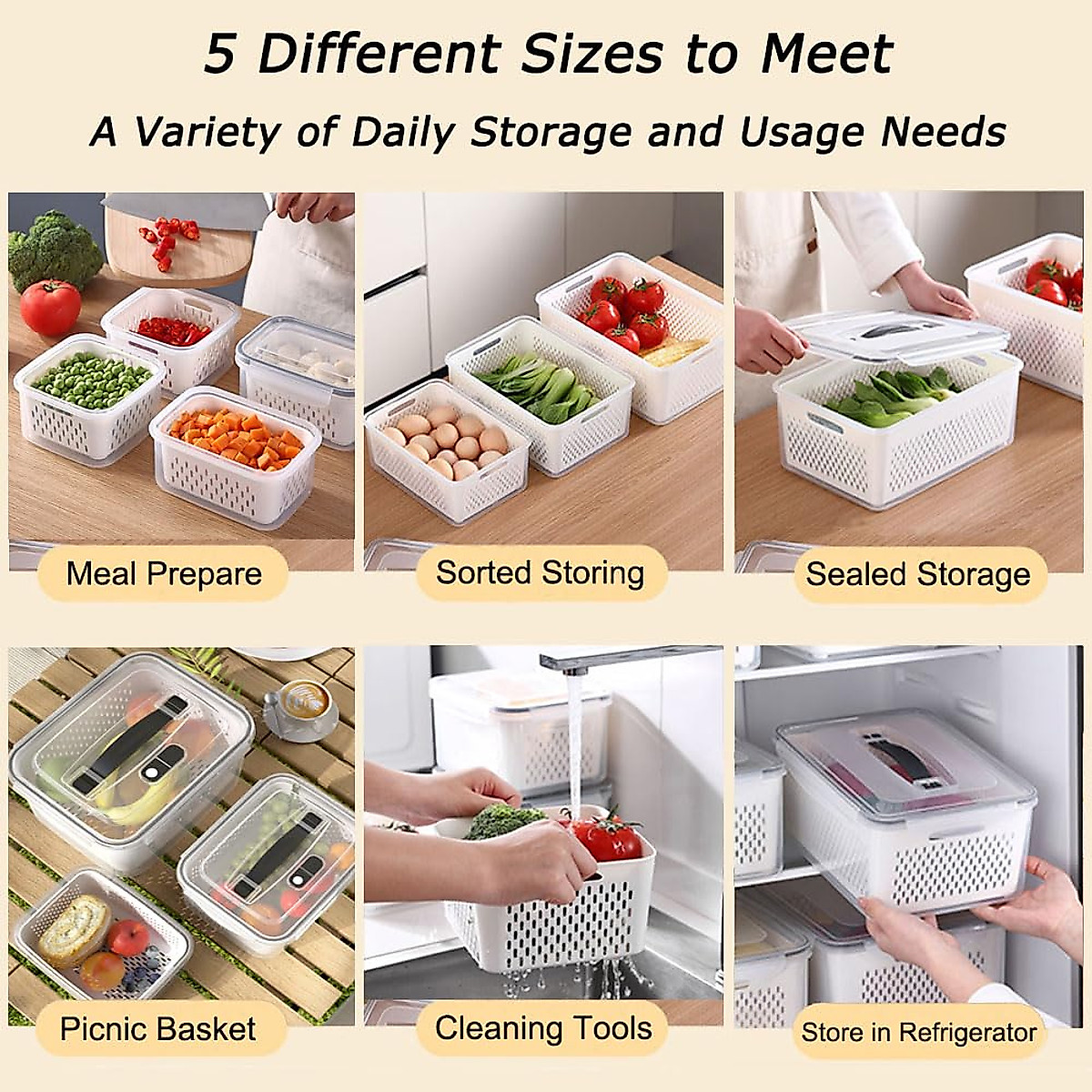 sengcou 10 PCS Fruit Storage Containers For Fridge, Produce Vegetable Saver Container with Lids Colander Vent Handle BPA-Free Large Size, Keep Fruits Veggie Food Meat Fresh