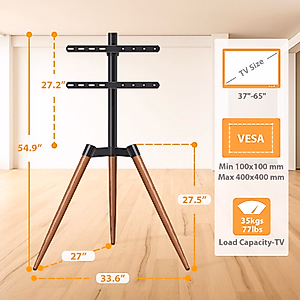TVON Easel TV Stand with Tripod Base for 37–65 Inch Flat/Curved Screen TVs up to 77 lbs, Height Adjustable TV Floor Stand with Cable Ties and 100° Swivel for Bedroom, Living Room, Studio, Brown
