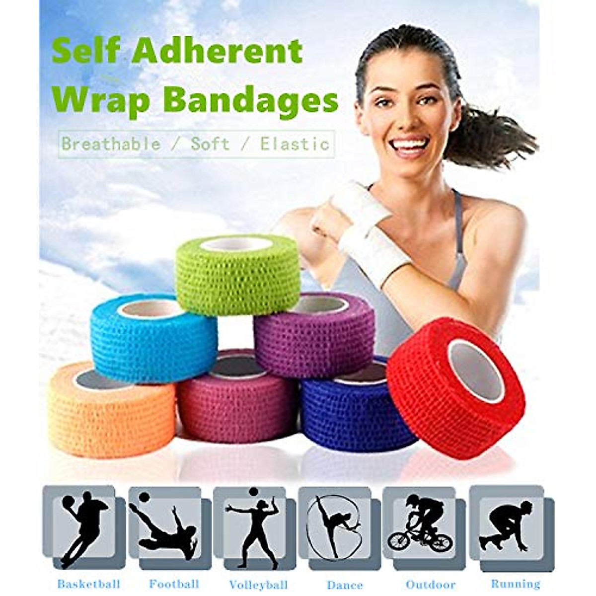 12 Pack 1" x 5 Yards Self Adhesive Elastic Bandage Wrap Stretch Self-Adherent Tape for First Aid,Sports, Wrist, Ankle (10 Colors)