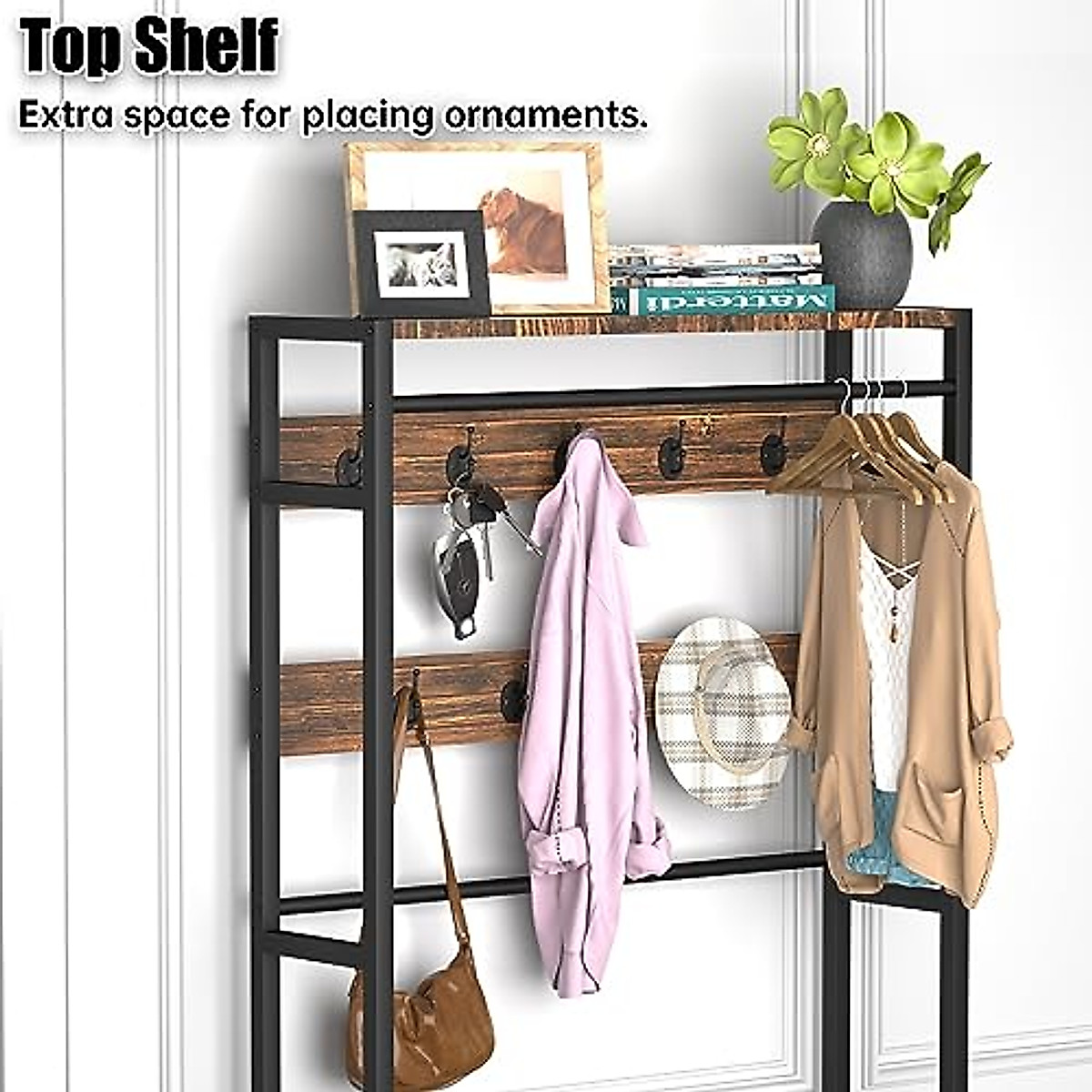 DDJ Hall Tree with Bench and Shoe Storage, Entryway Bench with Coat Rack with Shoe Storage, 7-in-1 Entryway Coat Rack with Hooks and Hanging Rod, 11.8 x 33.1 x 70.9 in, Rustic Brown and Black