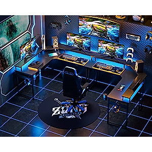 ODK L Shaped Gaming Desk with LED Lights & Power Outlets, 51" Computer Desk with Full Monitor Stand, Corner Desk with Cup Holder, Gaming Table with Hooks, Black Carbon Fiber