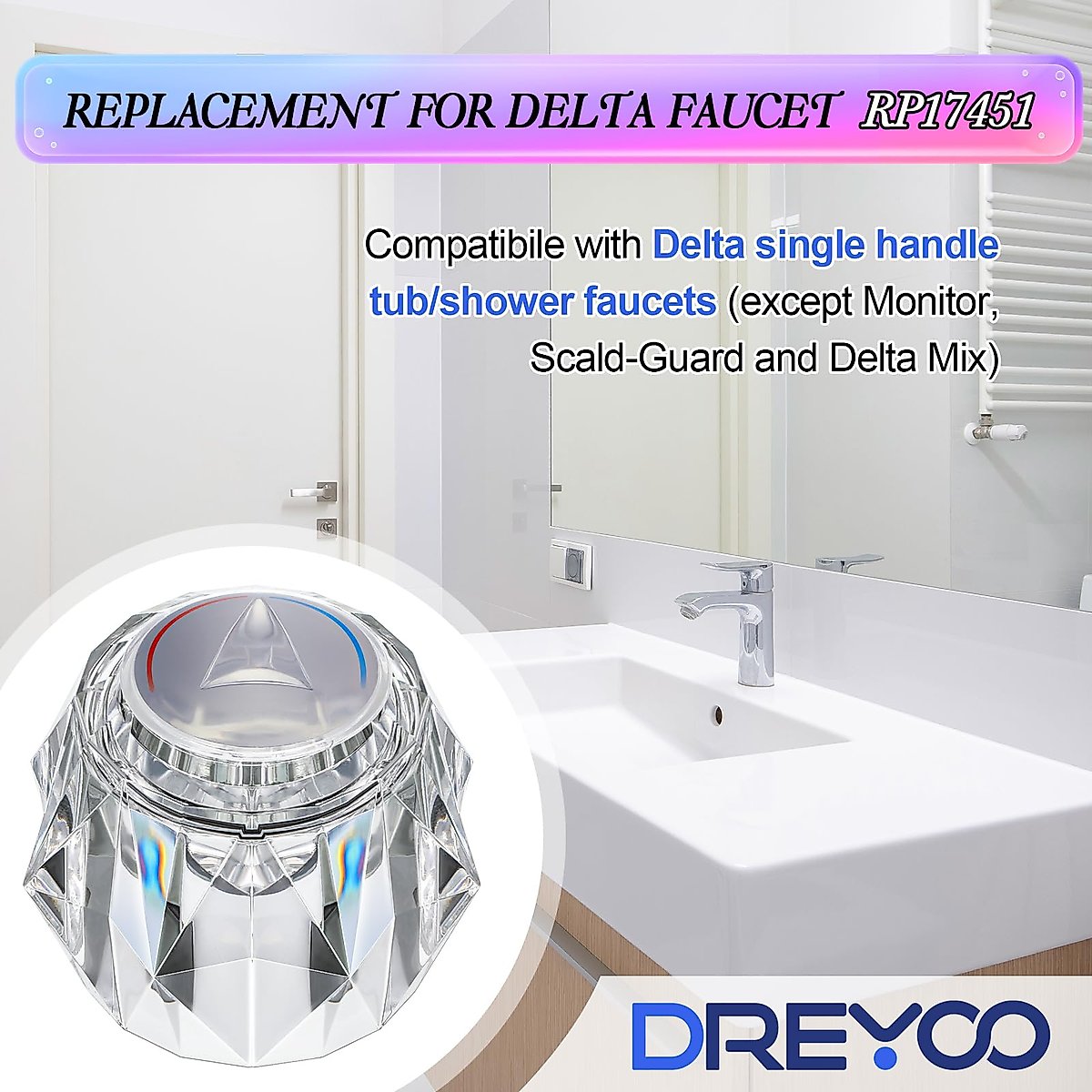 Dreyoo 2 Pack Faucet Handle Compatible with Delta Faucet RP17451, Replacement Faucet Handle with Offset Hole for Shower/Tub, 2-1/2'' x 2-1/8'' Faucet Knob, Single Knob Handle, Clear Acrylic Finish
