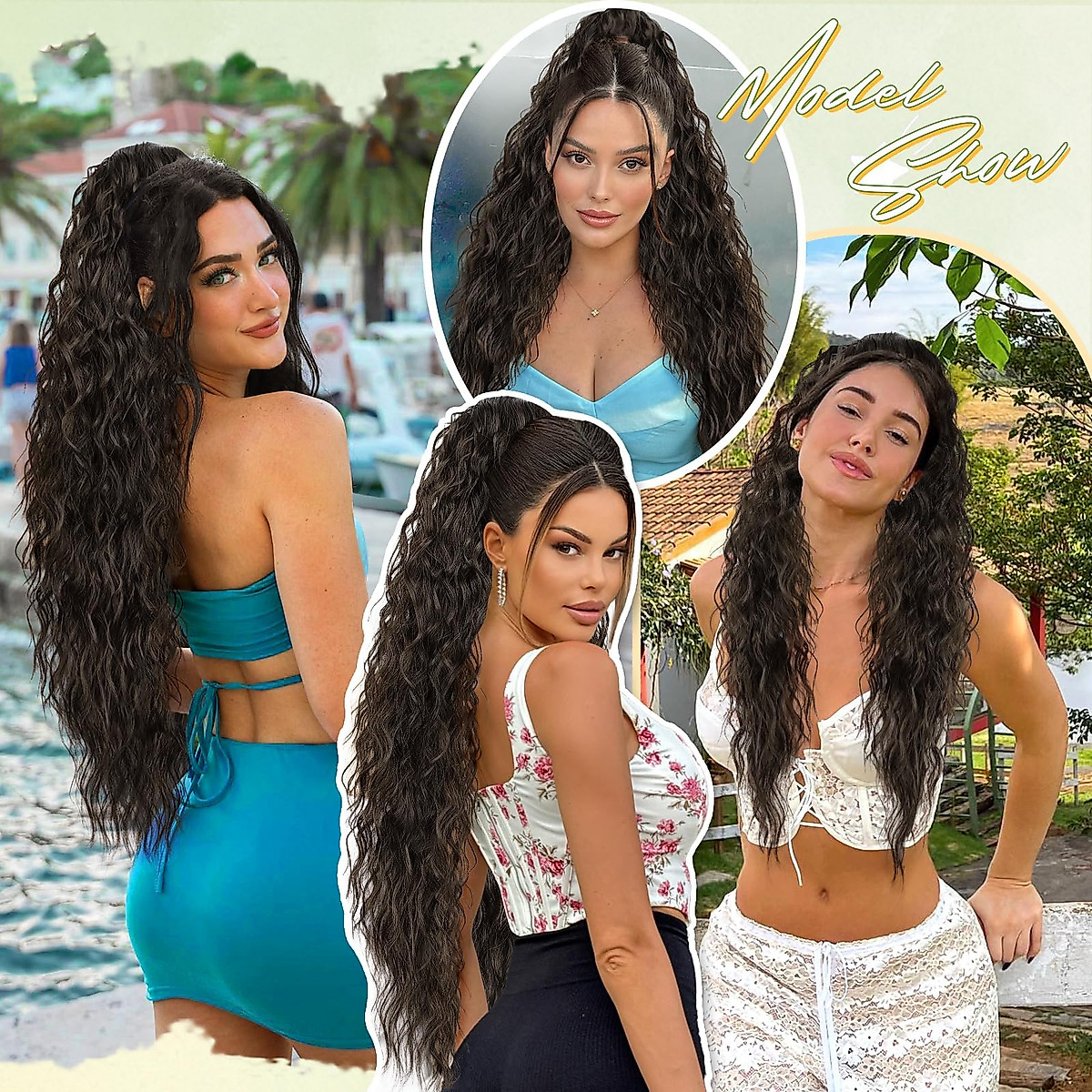 KooKaStyle Ponytail Extension 30 Inch Drawstring Pony Tails Hair Extensions for Women Long Curly Dark Brown Ponytail Synthetic Hairpieces for Daily Use