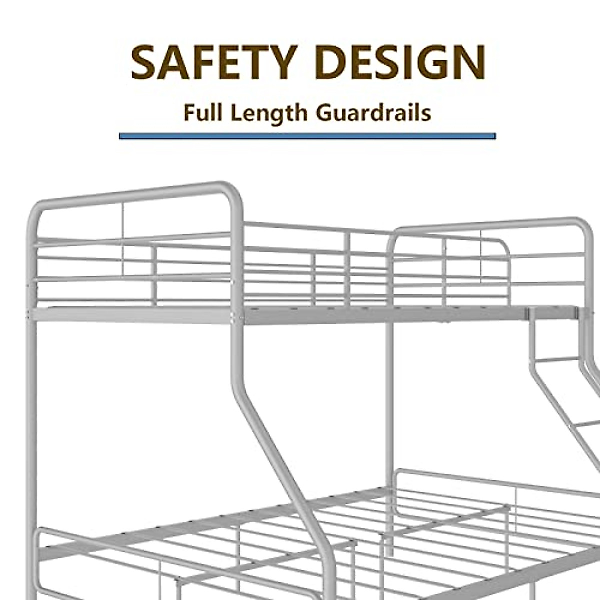 Bunk Bed Twin Over Full, Heavy Duty Metal Bunk Bed Frame with Guard Rail & Flat Ladder Stairs, Space-Saving, No Box Spring Needed (Silver)