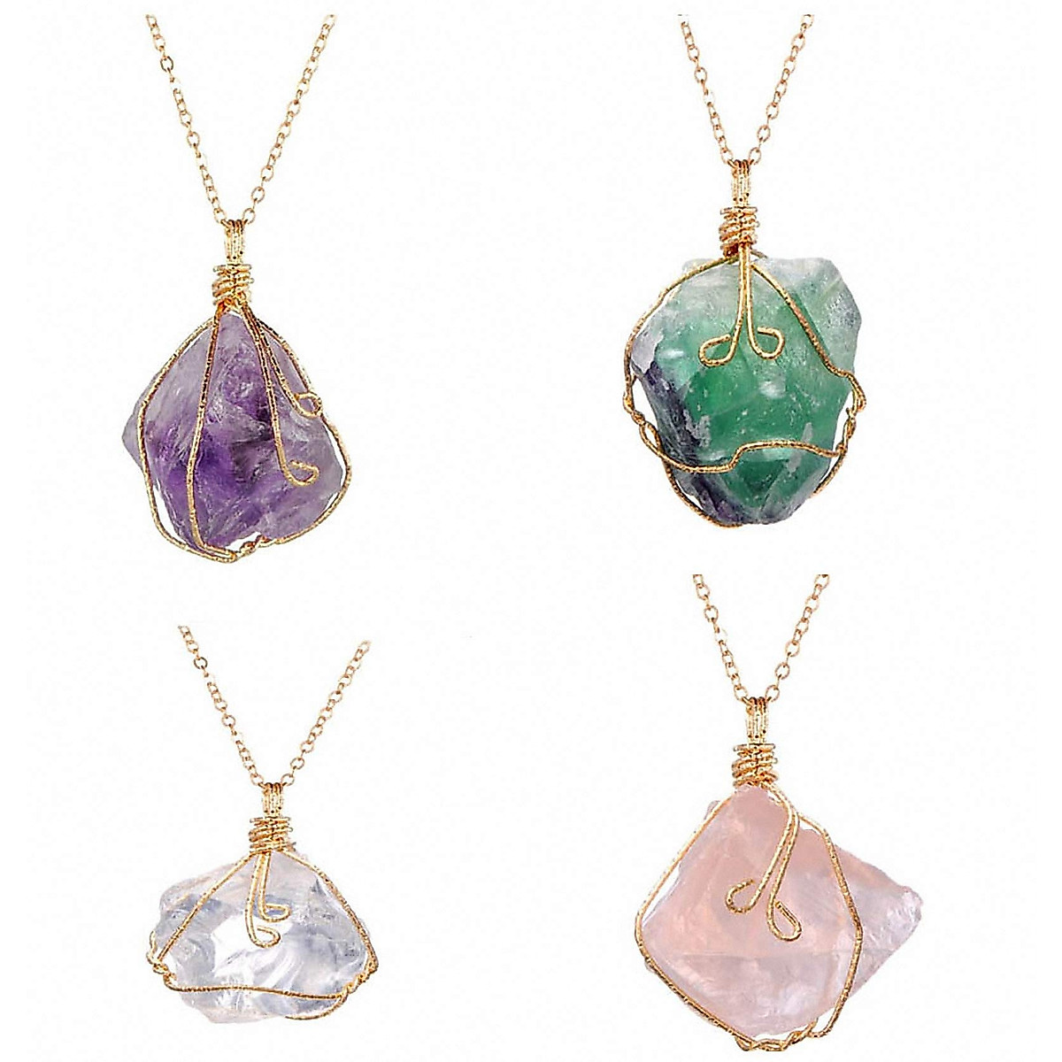 tqyzkh 4 Pcs Rose Quartz Necklace, Crystal Pendant Necklaces for Woman, Wire Wrap Healing Necklace, Tree of Life Stone Amethyst Clear Jewelry Chakra Handmade Spiritual Gemstone Gifts