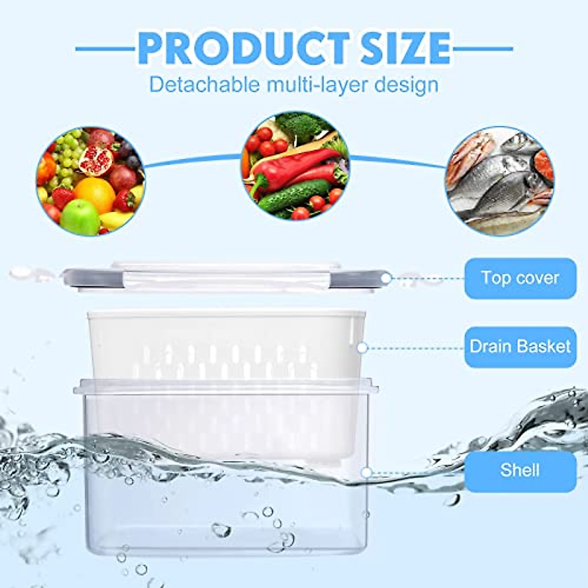 Potchen 6 Pcs Fruit Vegetable Storage Containers Plastic Produce Saver Food Refrigerator Organizer Bins Fresh for Fridge with Lids and Colander (Medium, Small), Clear
