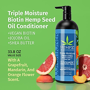 Hempz Biotin Conditioner - Triple Moisture Fresh Citrus - Peach & Grapefruit - For Growth & Strengthening of Dry, Damaged and Color Treated Hair, Hydrating, Softening, Moisturizing - 33.8 Fl OZ