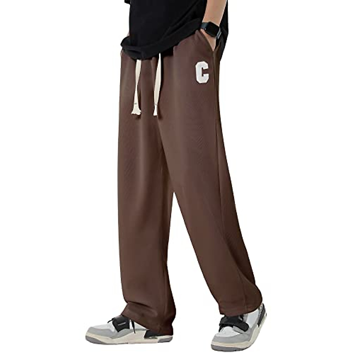 SHENHE Men's Elastic Waist Drawstring Sweatpants Straight Leg Loose Pants Trousers Coffee Brown M