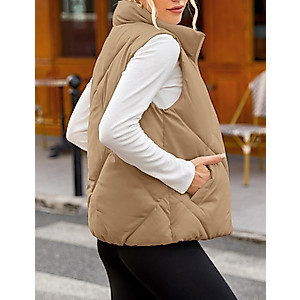MEROKEETY Womens Puffer Vest Sleeveless Zip Up Quilted Coat Lightweight Stand Collar Gilet Jacket With Pockets Khaki Medium