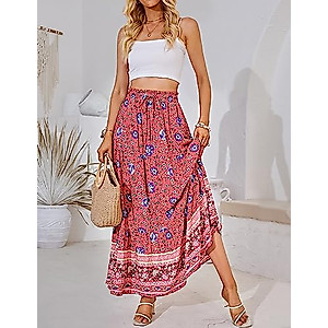 ZESICA Women's 2025 Summer Bohemian Floral Printed Elastic Waist A Line Maxi Skirt with Pockets,Floral Red,Small