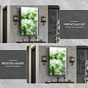 Janboe 16×26inch Medicine Cabinet,Mirror Cabinet with Beveled Mirror,Solf Close Hinge,Frameless,Detachable Side Plate for Recess Mount or Surface Mount,Black