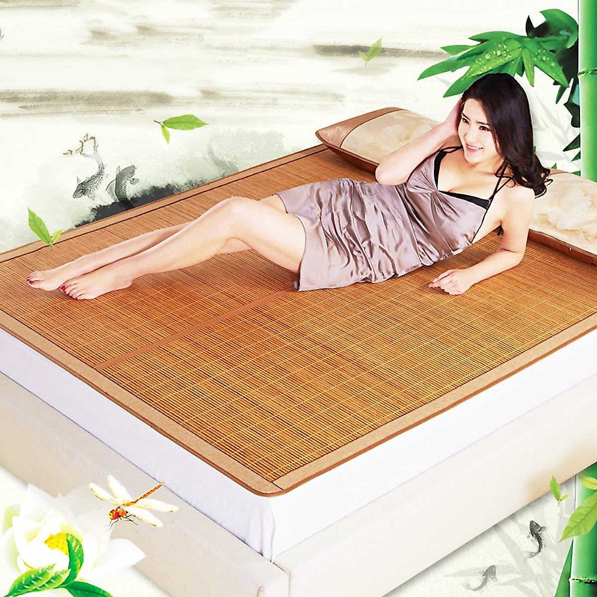 Summer Sleeping mat, 3-Piece Bamboo mat King mat Double-Sided Folding Air Conditioning mat Queen-A 150x195cm(59x77inch)