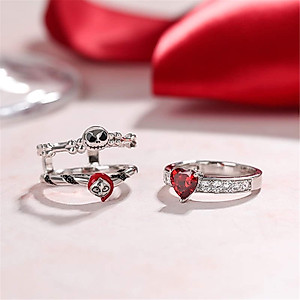 Jeulia "Skull Couple Heart Cut Sterling Silver Enhancer Ring Set for Women Wife Girlfriend Engagement Wedding Anniversary Valentin’s Day Birthday With Jewelry Box (7.5)