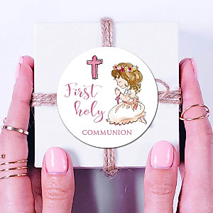 Pink First Holy Communion Stickers, 2 Inch Girl Religious Favor Stickers Labels 40-Pack