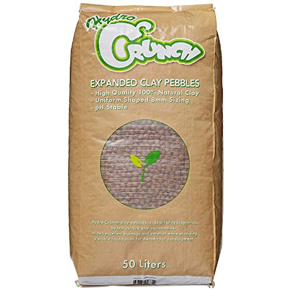 Hydro Crunch DBAUS888 Expanded Clay Growing Media Hydroponic 50 Liter 8 mm Aggregate Pebbles Pellets, Brown