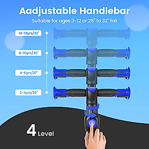 TONBUX Kids Scooter for Age 3-12, Toddler Scooter with 4 Adjustable Heights, Light Up 3-Wheels Scooter, Shock Absorption Design, Lean to Steer, Balance Training Scooter for Kids - Blue