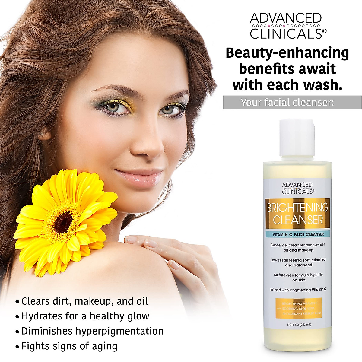 Advanced Clinicals Face Wash Brightening Vitamin C Facial Cleanser – Gentle Blackhead Facial Wash Hydrates Dry Skin, Daily Pore Minimizer For Age Spots, Hyperpigmentation, Acne, & Wrinkles, 8.2 Fl Oz