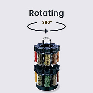Olde Thompson Chrome- Plated Rotating Spice Rack, 16 Refillable Spice Jars With Shaker Tops And Labeled Lids For Frequently Used Spices