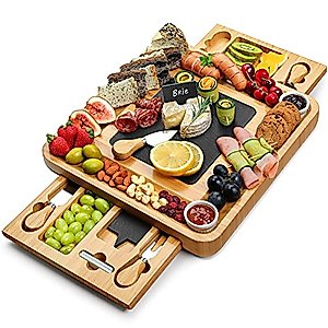 Easoger Large Charcuterie Board (28"×13"×1.6") with 2 Drawers, Bamboo Cheese Board with Knife Set, 2 Ceramic Bowls, Cutting Protection Natural Slate and Non-slip Feet, ideal for Housewarming Gift