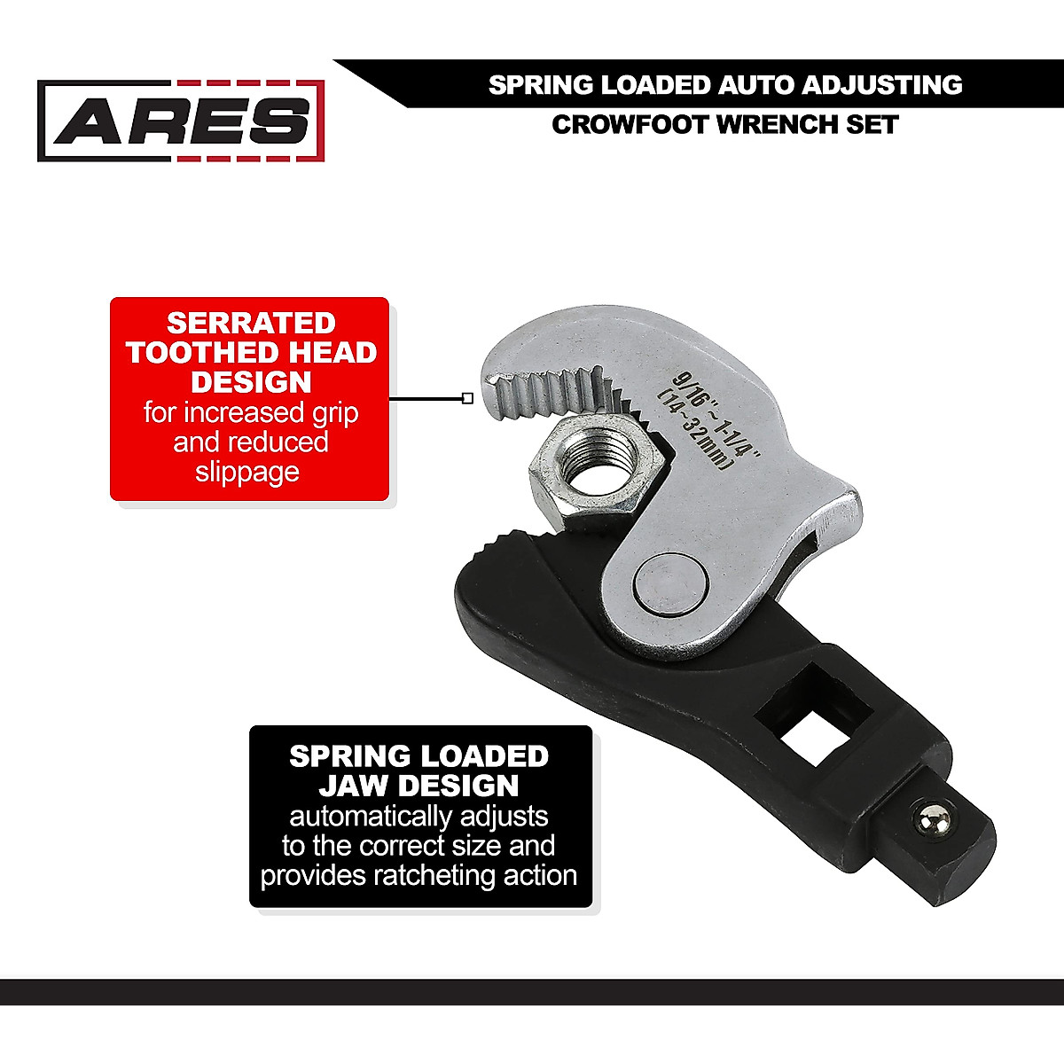 ARES 33009 – 3-Piece Auto Adjusting Crowfoot Wrench Set – Spring Loaded Adjustable Wrench Set with 5 to 32mm (3/16-Inch to 1 1/4-Inch) Coverage – Male & Female Square Drives