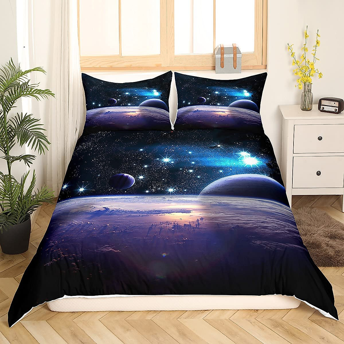 Full 3-Piece Galaxies Comforter Sets - 3D Printed Space Themed Duvet Cover Set Luxury Kids Boys Bedding All-Season Down Galaxy Series Bedding Set for Adult Teen Universe Pattern Bedspread Cover