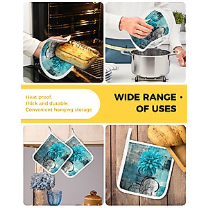 4 Pack Pot Holders for Kitchen,Blue Green Gradient Teal Turquoise Dahlia Floral Heat Proof Potholder Hot Pads Trivet,Flower Abstract Art Oil Painting Washable Coaster Potholders for Cooking Baking